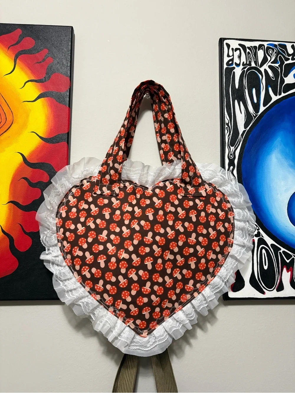 Bags | Heartshaped Red Mushroom Print Tote Bag With White Lace | Poshmark
